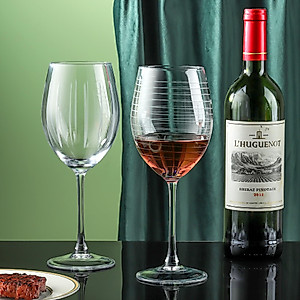 Joeyan Hand Blown Etched Red and White Wine Glasses,Stemmed Glasses with Stripes and Dots Pattern,Clear Carved Long Stem Glassware Set for Wine Tasting Birthday Anniversary Wedding,19 oz,Set of 4