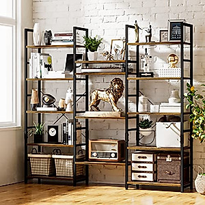 NUMENN Triple Wide 5 Tier Bookshelf, Rustic Industrial Style Bookcases and Bookshelves with 14 Open Display Shelves, Modern Tall Bookcase Furniture for Bedroom, Living Room and Home Office, Vintage