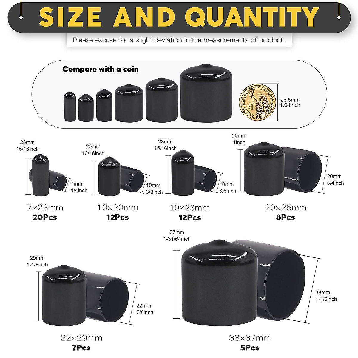 Mardatt 64Pcs 6 Sizes Black Rubber Bolt Screw Thread Protector Cover Vinyl End Caps for Pipe Post Hose Assortment Kit Fit O.D. from 1/4 inch to 1 1/2 inch