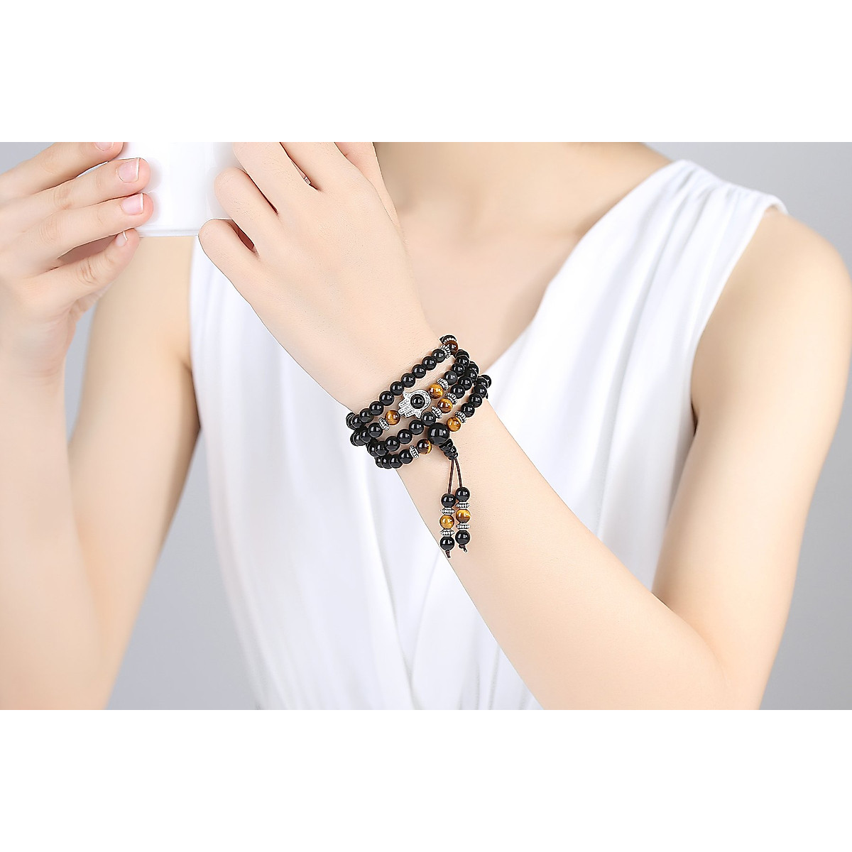 COAI 108 Mala Beads Black Obsidian Tiger Eye Stone Hamsa Hand Bracelet Necklace