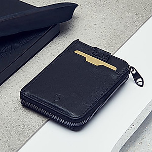 Vaultskin NOTTING HILL Minimalist Leather Zipper Wallet for Women and Men: Slim Multi Cardholder with RFID Blocking and Keychain Ring (Black)