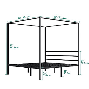 YITAHOME Metal Four Poster Canopy Bed Frame 14 Inch Platform with Built-in Headboard Strong Metal Slat Mattress Support, No Box Spring Needed, Black, King Size