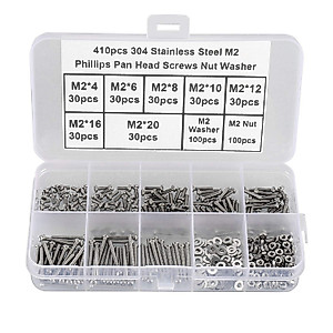 HanTof 410Pcs Tiny Phillips Pan Head Machine Screws Bolts, 18-8 Stainless Steel, M2 x 4/6/8/10/12/16/20mm, Micro/Mini Round Head Screws Nuts and Washers Assortment Kit, Fully Threaded Pitch: 0.4mm