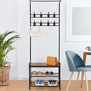 IDEALHOUSE Hall Tree, Entryway Bench, Coat Rack Freestanding Shoe Bench, 3 in 1 Hall Tree Entryway Storage Bench, Multifunction Bench with Steel Frame, 8 Large Hooks, 3-Tier Storage Shelf