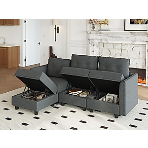 LLappuil Modular Sectional Sofa with Reversible Chaise, L Shaped Sofa with Ottoman, 4 Seater Sectional Corner Couch with Storage, Black