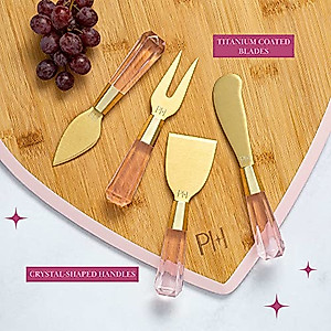Paris Hilton Charcuterie Board and Serving Set, Bamboo Serving Board, Ceramic Dish, Cheese Utensils with Titanium Coated Blades, 6-Piece Set, Pink