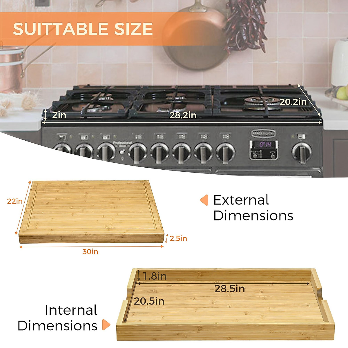 Noodle Board Stove Cover - Bamboo Wood Stove Top Covers for Electric Stove and Gas Stove - Sink Cover RV Stove Top Cover - 30"L x 22"W x 2.5"Th Raised Cutting Board with Juice Grooves