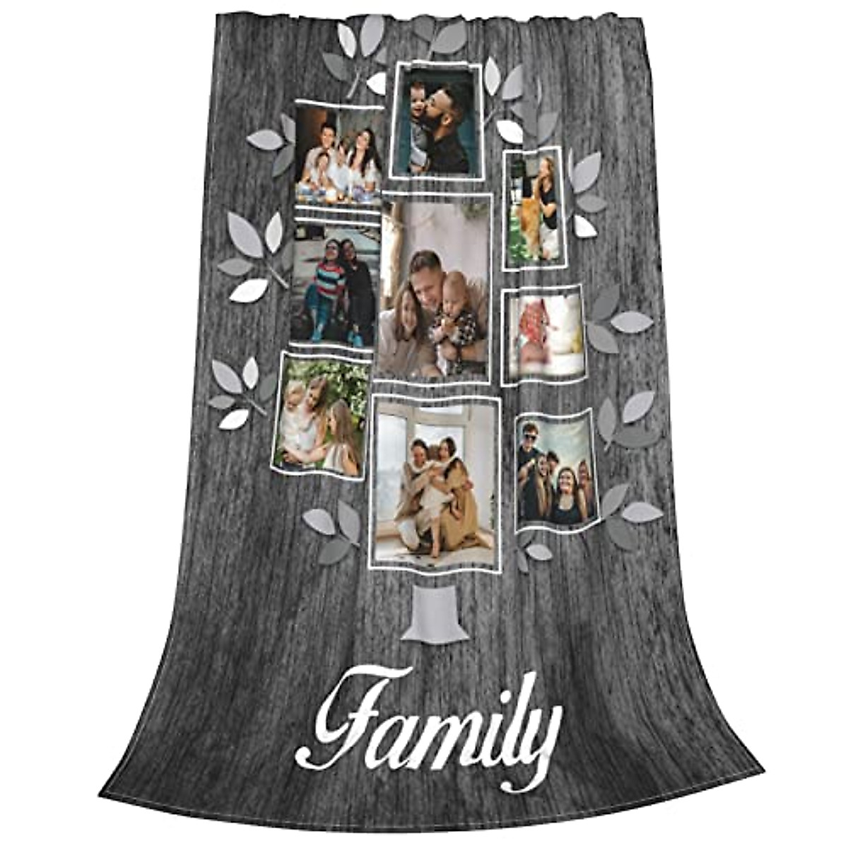 Custom Personalized Family Tree Blanket with Photos Collage Text, Customized Picture Throw Blankets for Adults Mom Dad Birthday(9 Photos,60"x80")