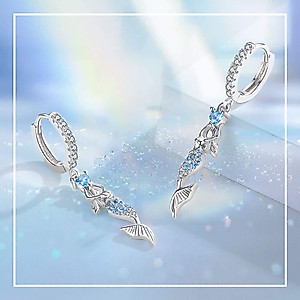 Cuoka Mermaid Earrings 925 Sterling Silver CZ Mermaid Dangle Drop Earrings,Hawaii Mermaid Hoop Earrings Jewelry for Women Mermaid Lovers