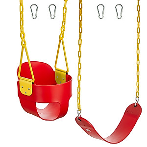Combo - Deluxe High Back Full Bucket Swing (Triangle and Chain Dip) and Heavy-Duty Swing Seat with Carabiners - Red - Squirrel Products