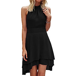 LYANER Women's Halter Sleeveless Pleated Layer Ruffle Hem Elegant Workwear Mini Dress Solid Black Medium