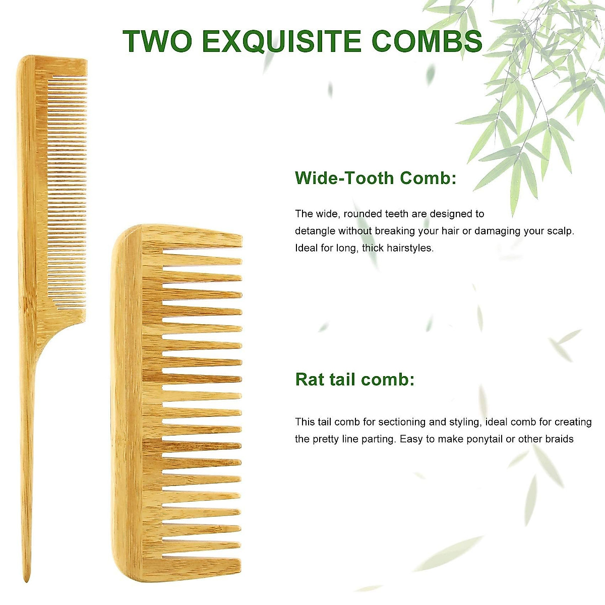 MRD Hair Brush Set, Natural Bamboo Comb Paddle Detangling Hairbrush, Wide-tooth and tail comb No Bristle, suit for Women Men and Kids Thick/Thin/Curly/Dry Hair Gift kit