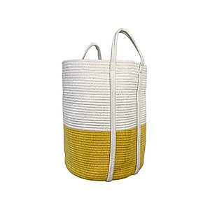 Yellow/White Rope Woven Laundry Basket/Nursery Hamper/Baby Laundry Basket/Toy Storage/Cotton Rope Basket/XXL Large Tall 18"H x 15"W/With Handles Clothes Blankets Kids Pet Organizer Decor Gift