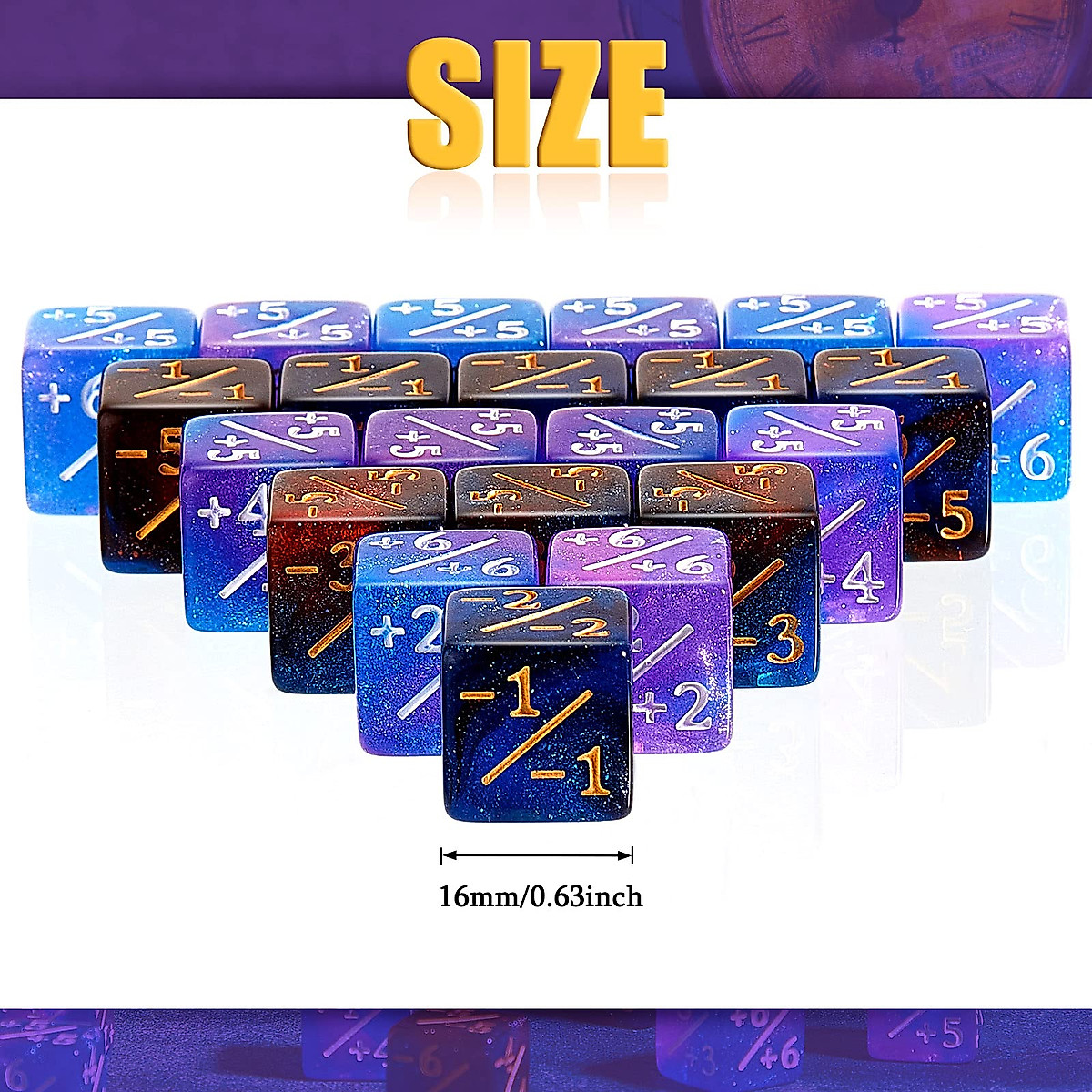 Sumind 24 Pieces MTG Dice Counters Token Dice Compatible with Magic The Gathering Dice Glitter D6 Dice Cube Loyalty Counter Dice Compatible with MTG, CCG, Card Gaming Accessory (Artsy Style)