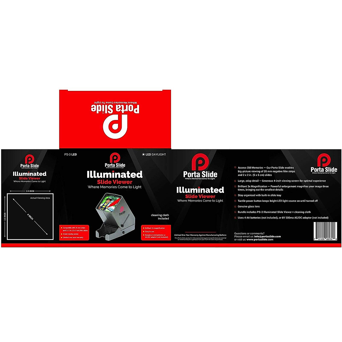 Porta Slide PS-3 Slide Viewer, View 2x2 in. Slides, 35mm Film Strips & Negatives, LED Viewing light, 4 in. Screen, 3x Magnification w/Cleaning Cloth, USB Power Cable included