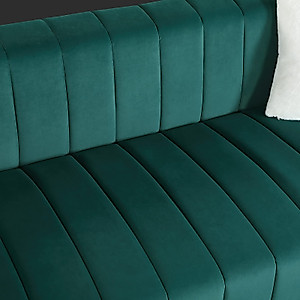 JUSTONE Modern Sofa Couch for Living Room, Mid Century 3-Seater Velvet Chesterfield Sofa, Upholstered Couch with Gold Leg&Pillows for Apartment, Office,Easy to Install- Dark Green