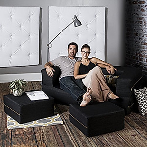 Jaxx Zipline Denim Convertible Sleeper Loveseat & Ottomans, Black