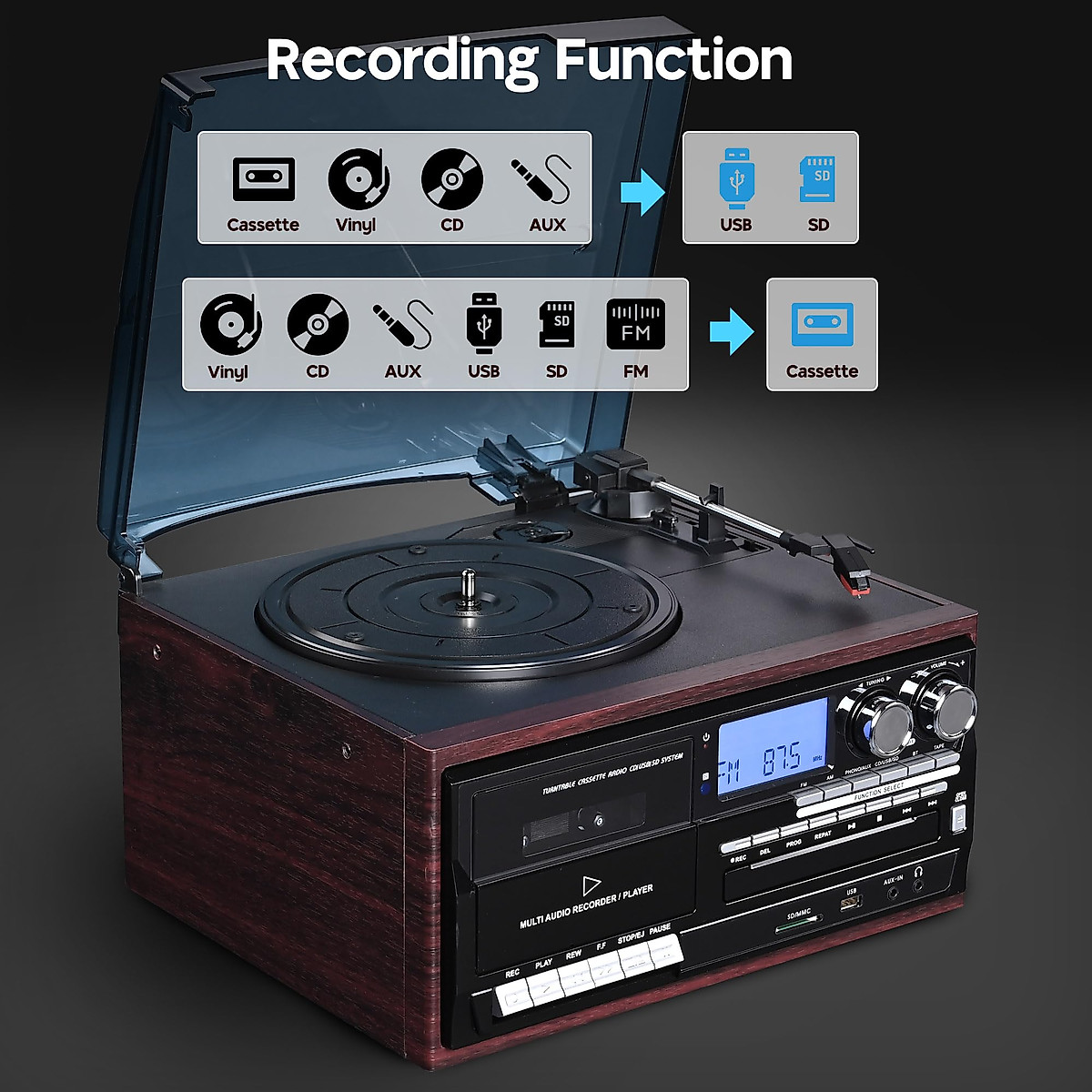 AW Vinyl Record Player with Speakers Turntable for Vinyl Records Stereo System for Home Bluetooth Tape Cassette CD Player Retro All in 1 AM/FM Radio
