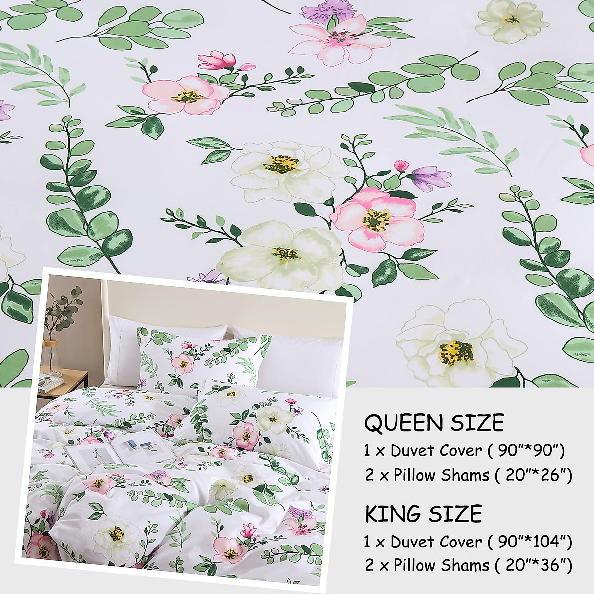 Bedduvit Botanical Duvet Cover King - White and Grey Floral King Duvet Cover Set,Breathable Minimalism Patterned Summer Duvet Cover King with Zipper Closure & 8 Ties (104"x90", No Comforter)