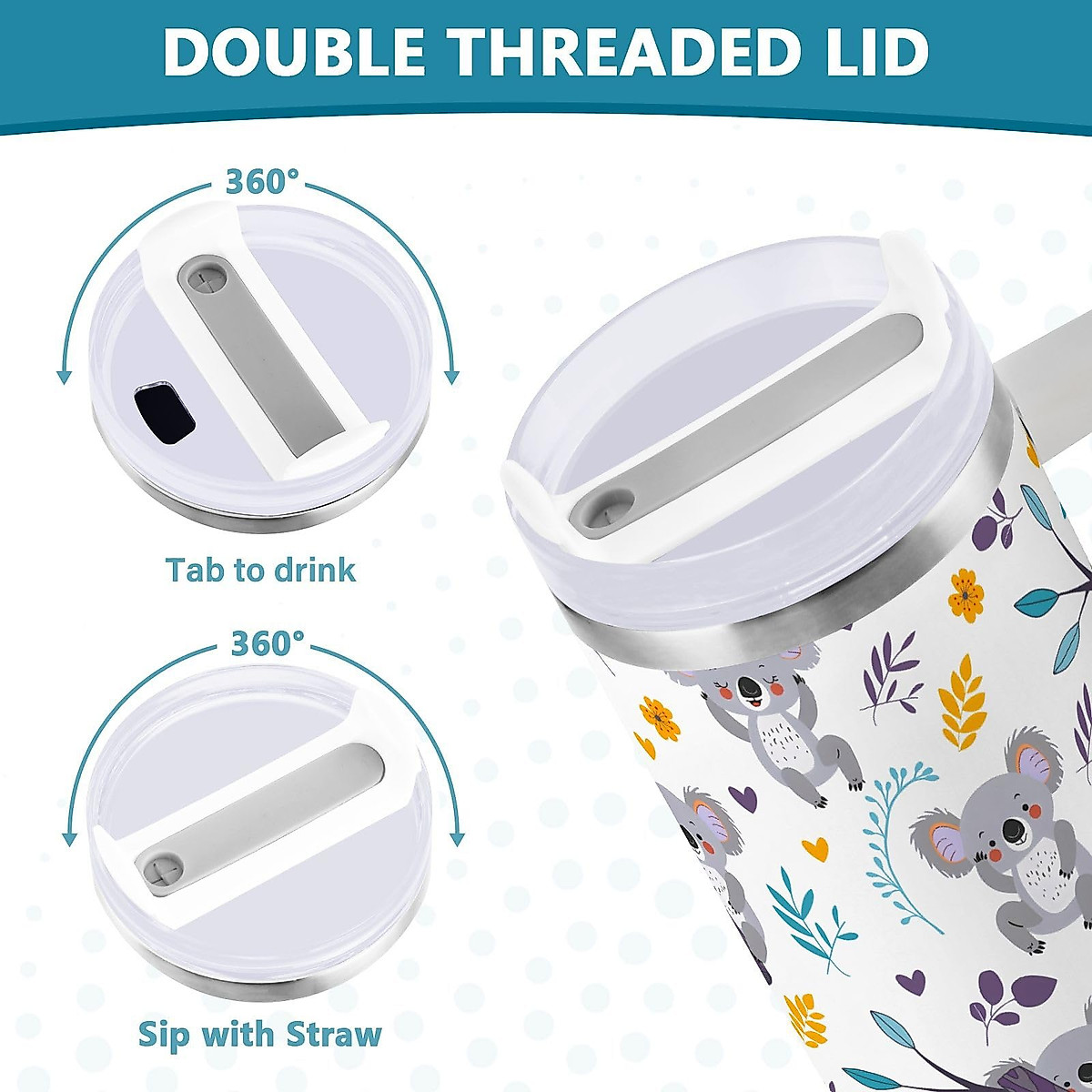 Emelivor Cute Koalas Leaves 40 oz Tumbler with Lid and Straw Insulated Tumblers with Handle Leak Proof Travel Coffee Mug Water Cup Bottles for Hot or Ice Coffee Tea