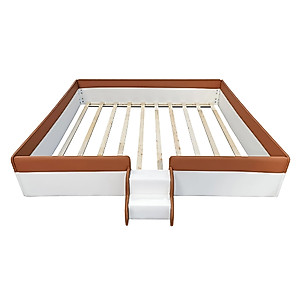 HoRunzelin King Size Soft Floor Bed with Stairs, PU Leather Upholstered Grounded Daybed, Low Profile Montessori Bed with Slat Support for Kids Boys Girls Teens Adults,Brown+White