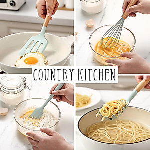 Country Kitchen Silicone Cooking Utensils, 14 Pc Kitchen Utensil Set, Easy to Clean Wooden Kitchen Utensils, Cooking Utensils for Nonstick Cookware, Kitchen Gadgets and Spatula Set