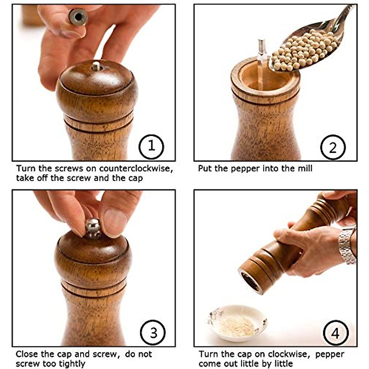 Refillable Wooden Pepper Mill - Big Solid Oaken Wood Gourmet Professional Mills Shaker with Strong Non-corrosive Adjustable Ceramic Grinder Mechanism - Fine to Coarse - 8 in