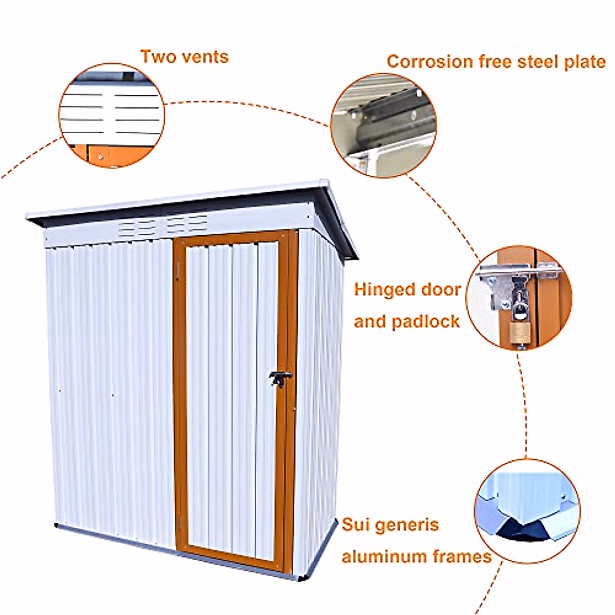 MOEO 5' x 3' Outdoor Metal Storage Shed, Galvanized Metal Shed with Lockable Doors, Tool Storage Shed for Backyard, Patio, Lawn, Garden, Trash Cans, White