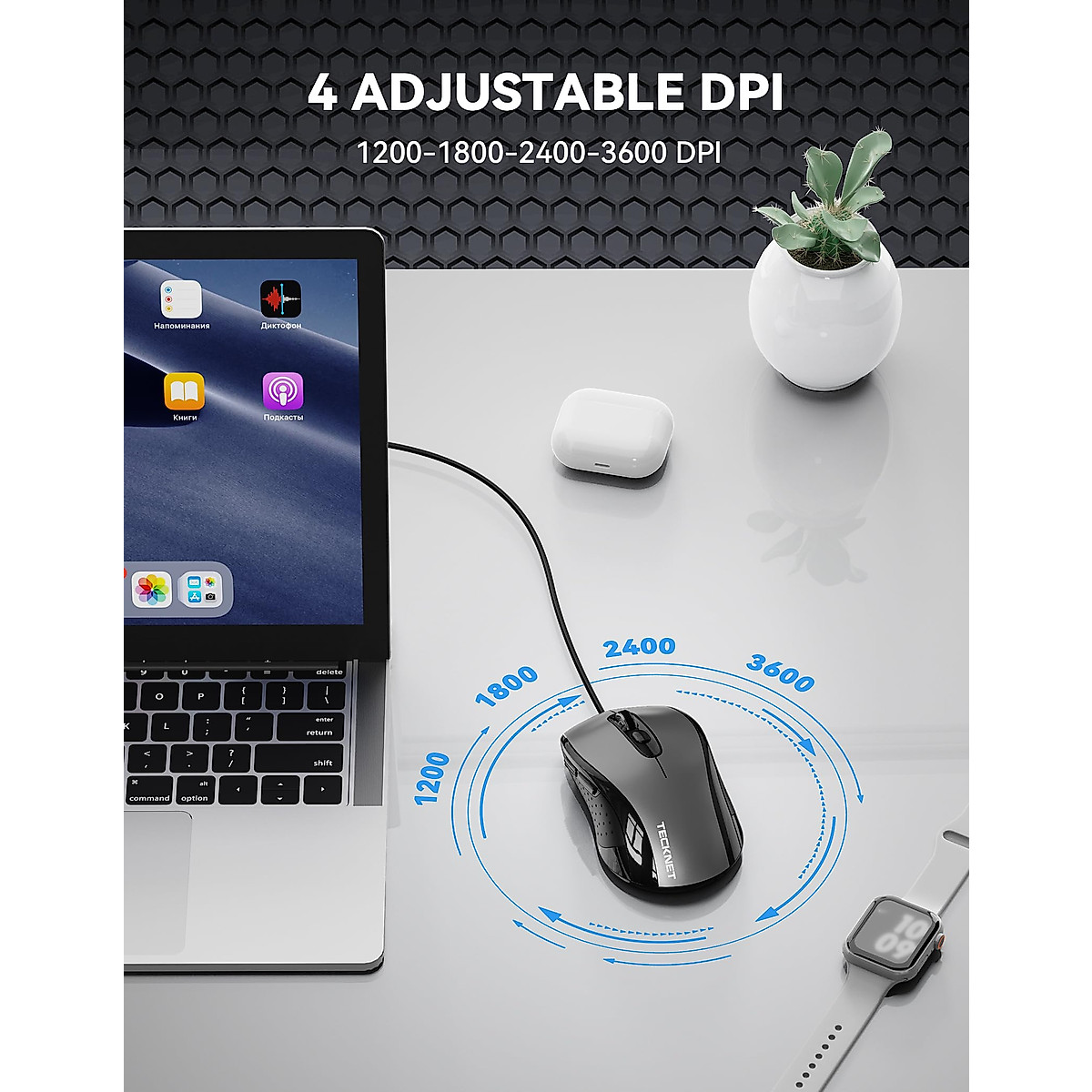 TECKNET Computer Wired Mouse, USB Mouse Wired for Laptop with 6-Button, 3600DPI Optical PC Wired Mouse, Home and Office 5FT USB-A Corded Comfortable Mouse, Plug & Play, NO Battery Required-Grey