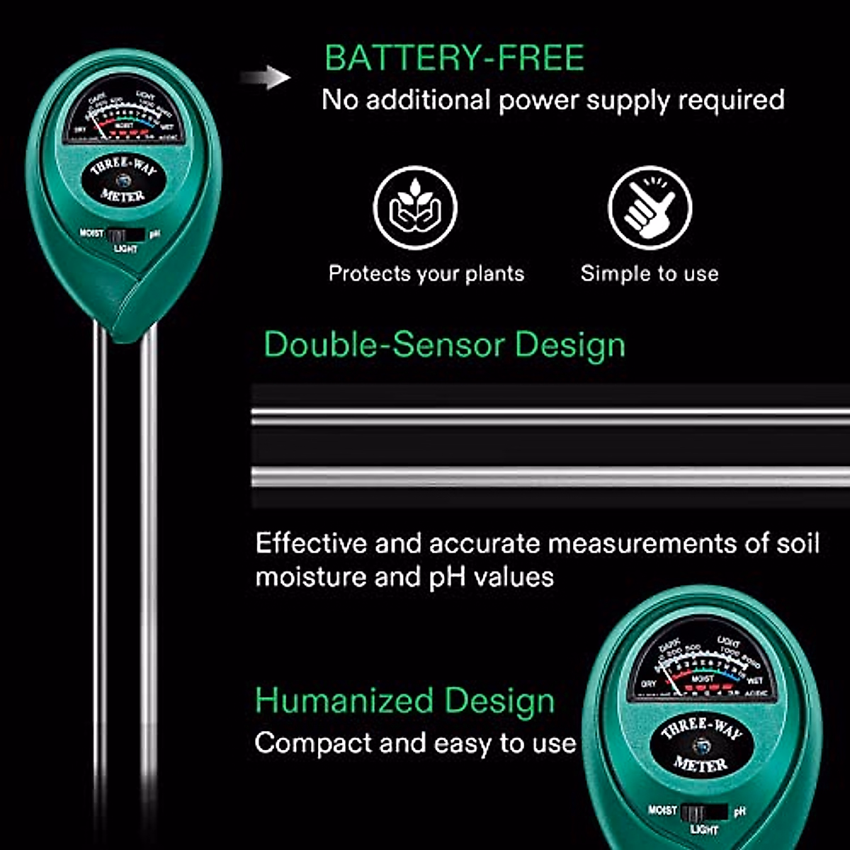 VIVOSUN Soil Tester, 3-in-1 Plant Moisture Meter Light and PH Tester for Home, Garden, Lawn, Farm, Indoor and Outdoor Use, Promote Plants Healthy Growth