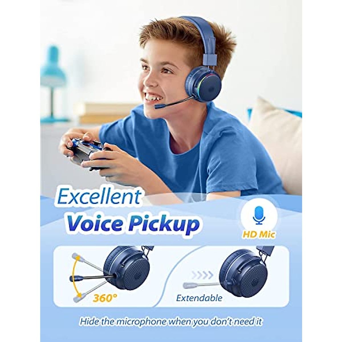 iClever Kids Bluetooth Headphones LED Light Up - 360° Extendable Microphone - 85/94 dB Safe Volume, 35Hrs Playtime, Shareport, Foldable Wireless Headphones for Kids/PS4/Xbox One/Switch/PC/Tablet