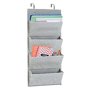 mDesign Soft Fabric Wall Mount/Over Door Hanging Storage Organizer - 4 Large Cascading Pockets - Holds Office Supplies, Planners, File Folders, Notebooks - Chevron Zig-Zag Print, 2 Pack - Gray/Cream