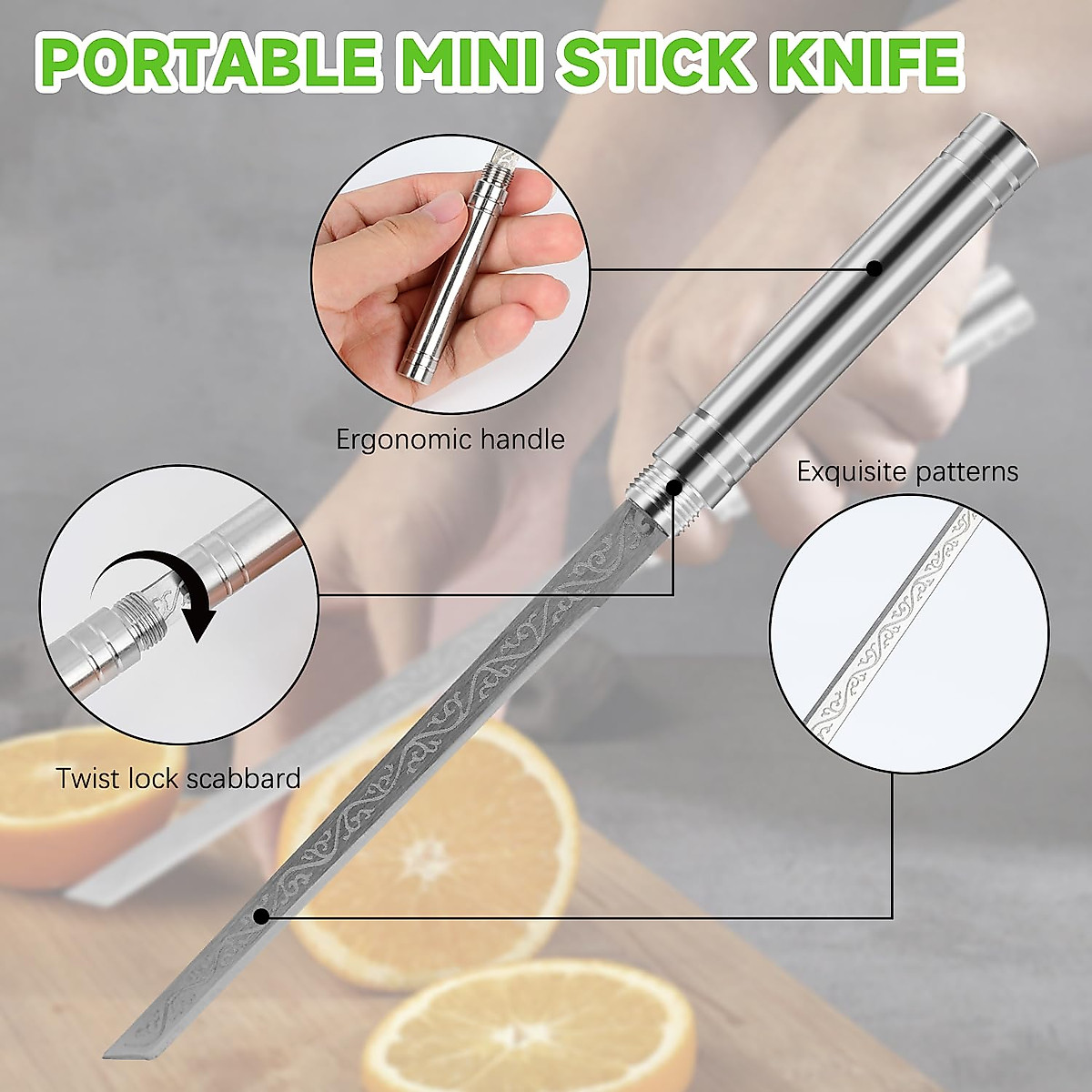 deterlect 2Pcs Multipurpose Outdoor Portable Fruit Knife with Sheath, All Steel Stick Shaped Fruit Knife, Cuchillo Multiusos Para Fruta Portátil Para Exteriores Con Funda