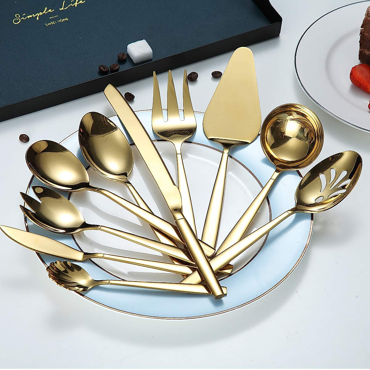 Berglander Gold Serving Utensils 10 Pieces, Titanium Golden Plating Serving Spoons, Included Cake Knife Cake Server Serving Forks Sugar Spoon Salad Spoon Forks Butter Knife Gravy Ladle ect.