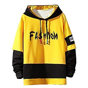 Thenlian Men's Casual Fashion Printing Patchwork Hoodie Long Sleeves Sweatershirt Tops(XXXXXL, Yellow)