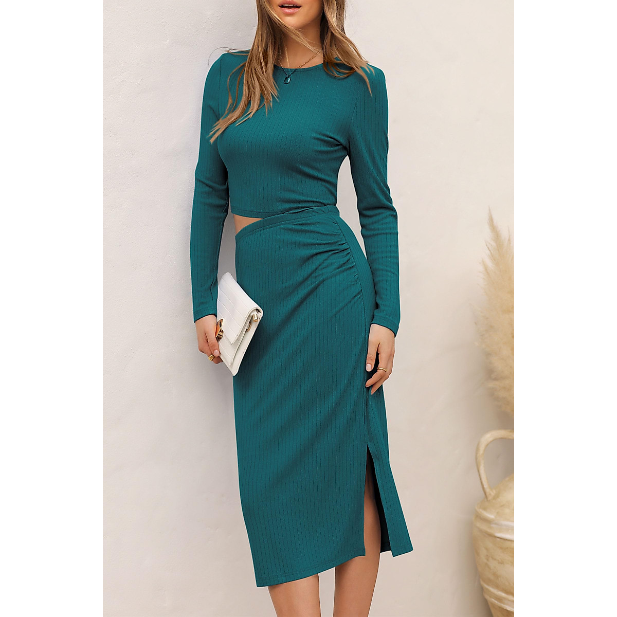 PRETTYGARDEN Womens 2024 Fall 2 Piece Outfits Track Suits Long Sleeve Crop Tops Bodycon Midi Skirt Slit Dress Matching Sets (Dark Green,Medium)