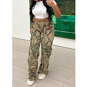 Vakkest Womens Army Fatigue Cargo Pants Casual Wide Leg Casual Pants Combat Military Trouser Baggy with Pockets Clubwear Y2K