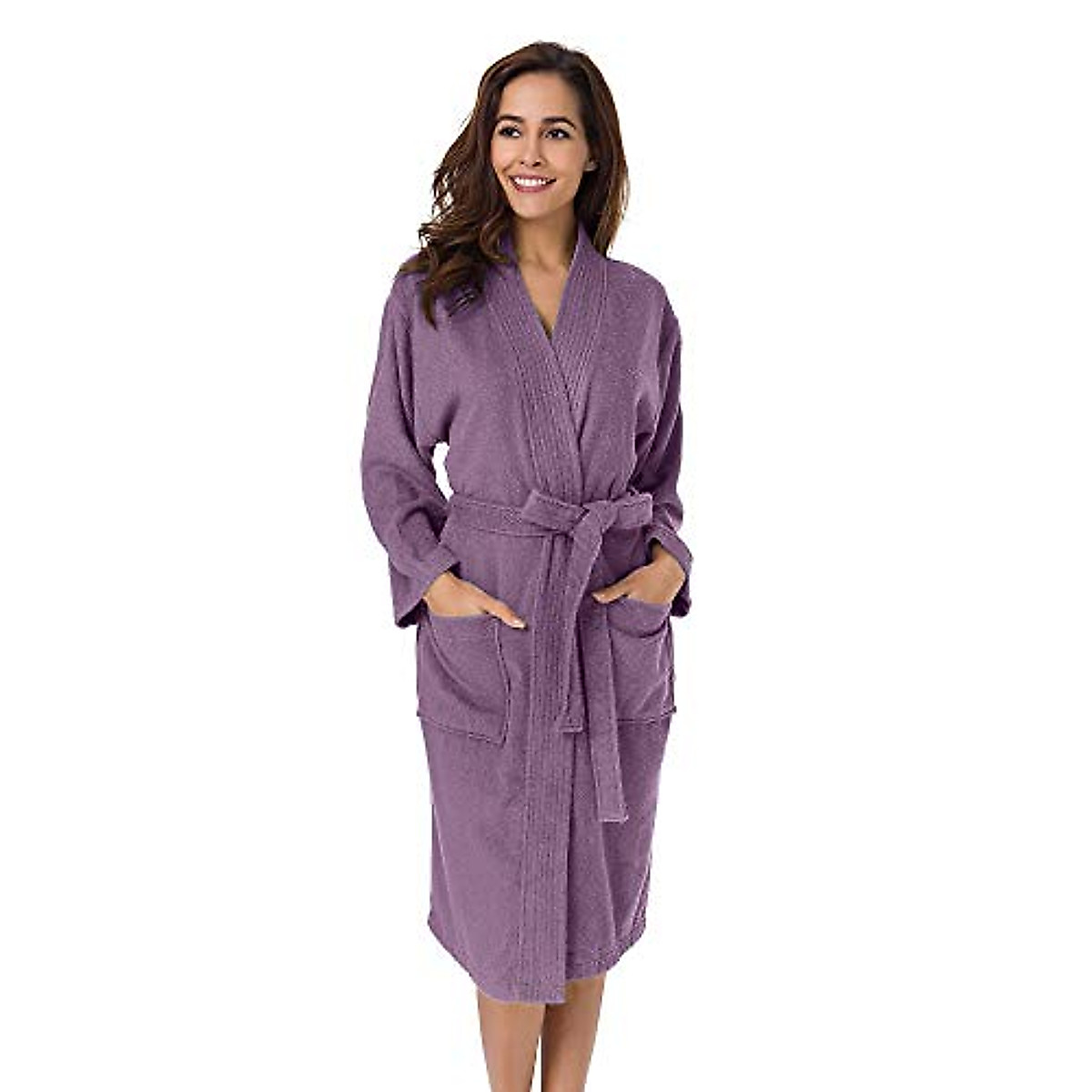 SIORO Terry Cloth Robe for Women Kimono Long Cotton Bathrobe for Spa Shower Hot Tub Hotel, Soft Absorbent Fuzzy Towel Robe bata de baño with Pockets, Plum Medium