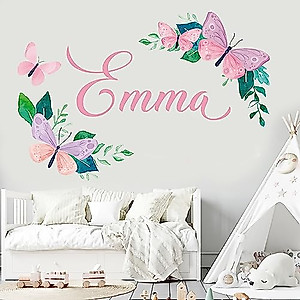 PrintsbyDM Custom Name Butterfly Wall Decal- Girls Room Wall Decor - WM531. Custom Name Removable Nursery Wall Decal for Girl - Flower Mural Wall Decal for Girls Bedroom