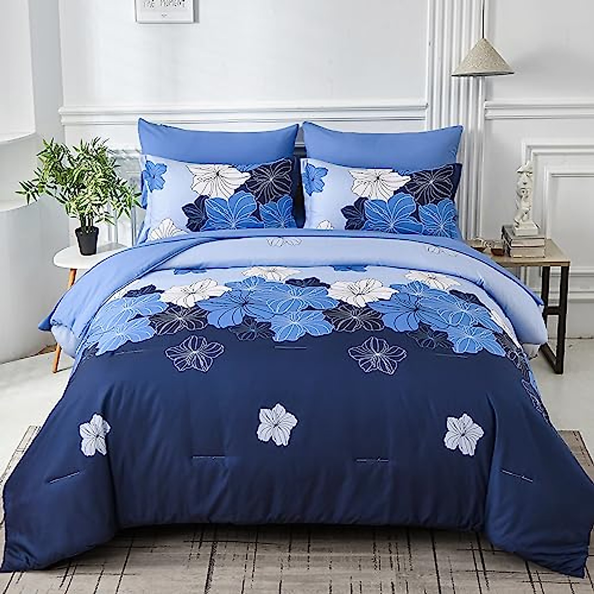 Floral Comforter Set Queen Blue Flower Comforter Set 7 Pieces Bed in a Bag Soft Microfiber Bedding Comforter with Sheets Spring Summer Bed Comforter Set (7pcs,White and Blue Floral Comforter Set)