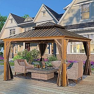 12'x12' Hardtop Gazebo, Outdoor Canopies and Gazebos, Outdoor Permanent Metal Pavilion with Curtains and Netting for Patio, Deck and Lawn