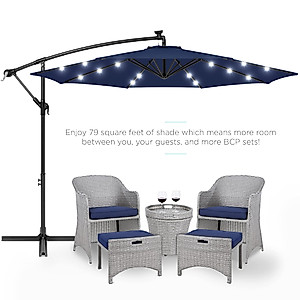 Best Choice Products 10ft Solar LED Offset Hanging Market Patio Umbrella for Backyard, Poolside, Lawn and Garden w/Easy Tilt Adjustment, Polyester Shade, 8 Ribs - Navy Blue
