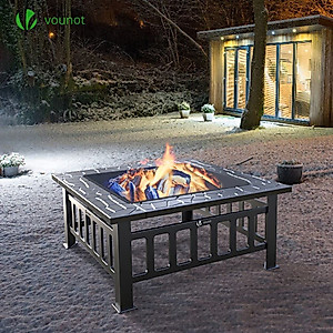 VOUNOT 3 in 1 Metal Square Firepit 32 inch Heavy Duty Fire Pit Table Outside Wood Burning Fire Pits with Spark Screen Lit and Rain Cover for Camping Garden Patio, Black