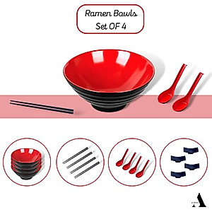AFWAN Ramen Bowl Set of 4 32 OZ with Large Melamine Bowls Spoons Complete Dinnerware Set with Chopsticks long-lasting Japanese style