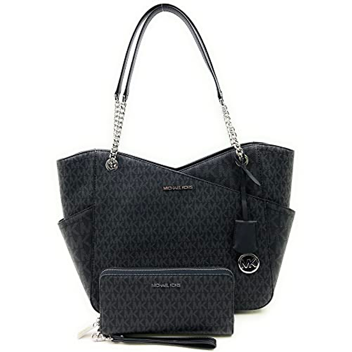 Michael Kors JST Large Chain Shoulder Tote JST Continental Wristlet (Black Signature)