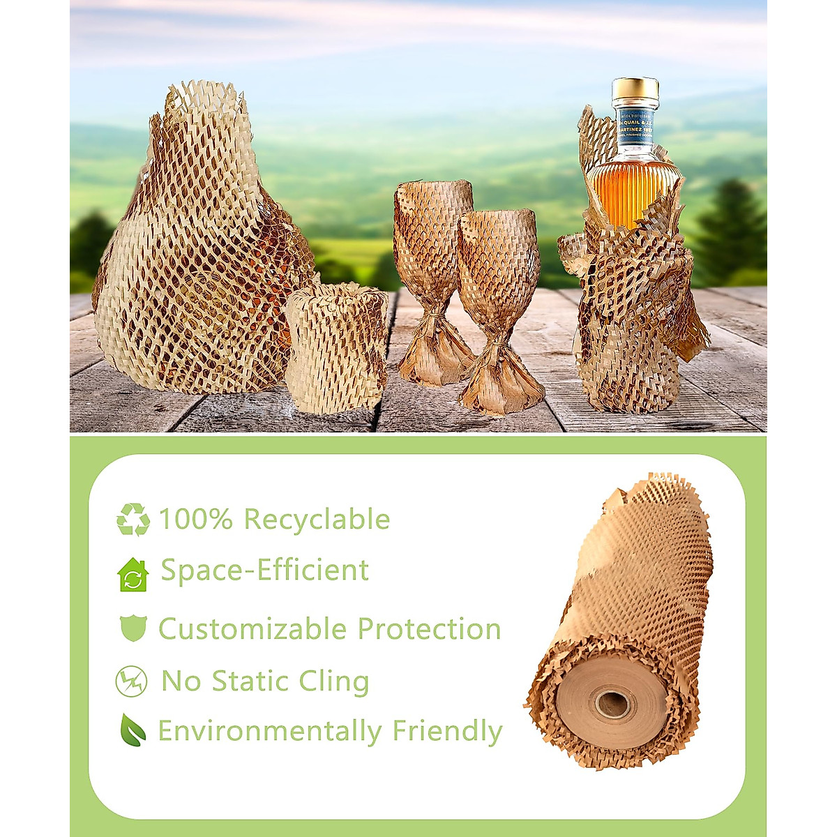 15”x400’Honeycomb Packing Paper,100% Recyclable Honeycomb Cushioning Wrap Roll for Safe Moving Shipping Packaging with 20 Fragile Stickers.