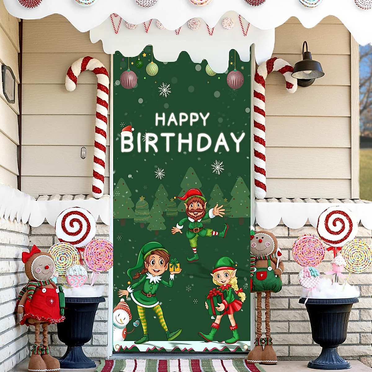 Elf Christmas Themed Birthday Banner Green Merry Elf Photography Background for Kids Happy Friendsmas Xmas Festival Snowman Party Decorations Photo Banner Booth Props 35.43x72.83in-BECKTEN