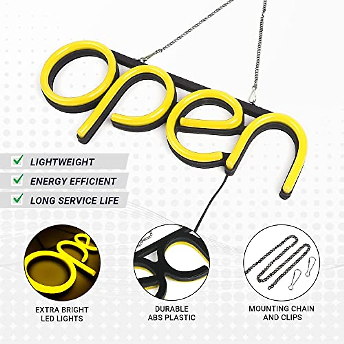 Flashing LED Neon Open Sign Light for Business with ON & Off Switch - Lightweight & Energy Efficient for Restaurants Offices Retail Shops Window Storefronts - Yellow