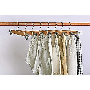 Amber Home 14.17" Solid Natural Wooden Pant Skirt Hangers 10 Pack, Bottom Hangers for Slacks Trousers Jeans with 2-Adjustable Anti-Rust Clips (Natural, 10 Pack)
