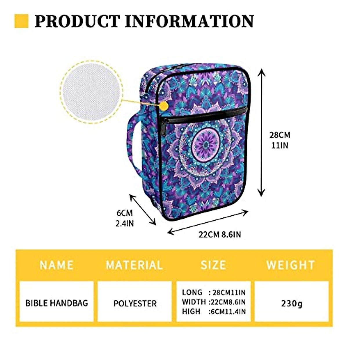 Gomyblomy Purple Mandala Bohemian Ethnic Flower Print Bible Case for Women, Girls, Large Size Carrying Bible Case, Church Study Scripture Pouch Bible Book Cover with Handle and Zipper Pocket
